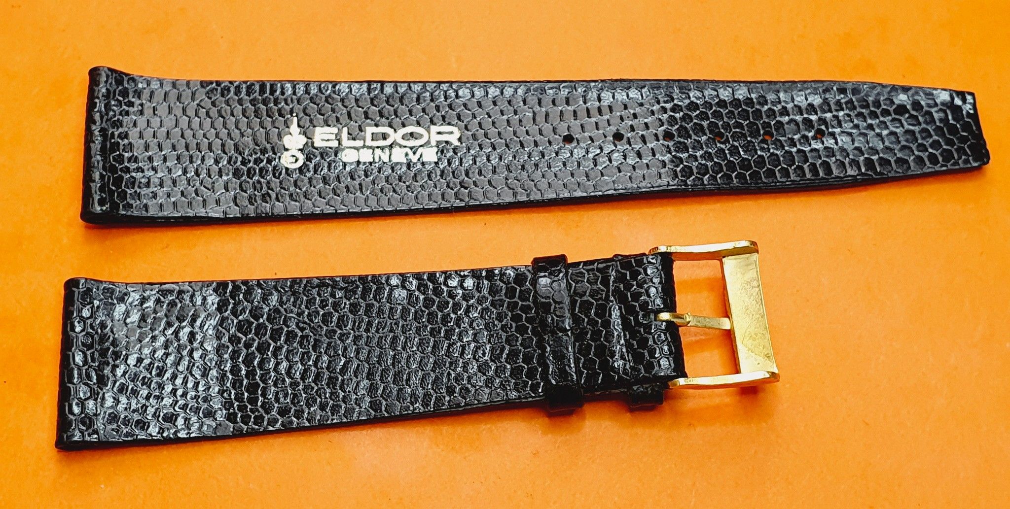 VINTAGE WATCH ELDOR GENEVE BRACELET LIZARD SKIN STRAP 22mm BLACK COLOR ...