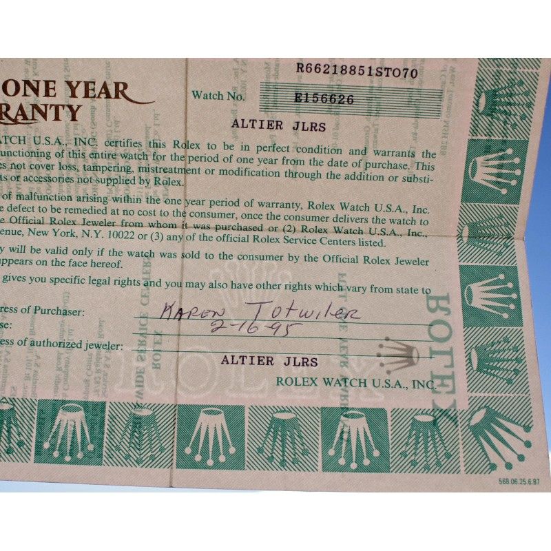 GENUINE 1995 ROLEX VINTAGE PAPER REGISTERED CERTIFICATE OYSTER ...