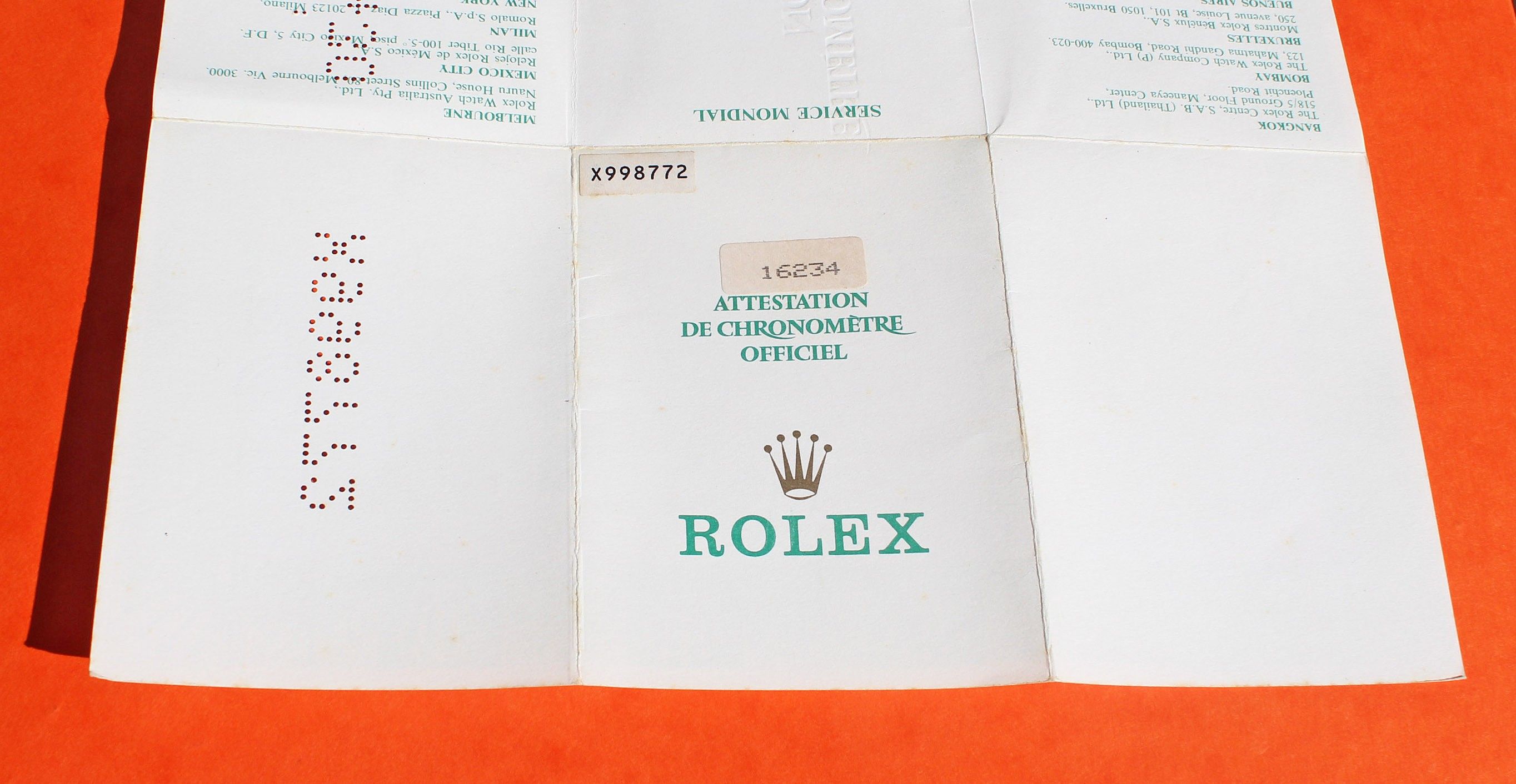 ROLEX 1992 VINTAGE PUNCHED PAPER CERTIFICAT WARRANTY 430 ROLEX OYSTER ...