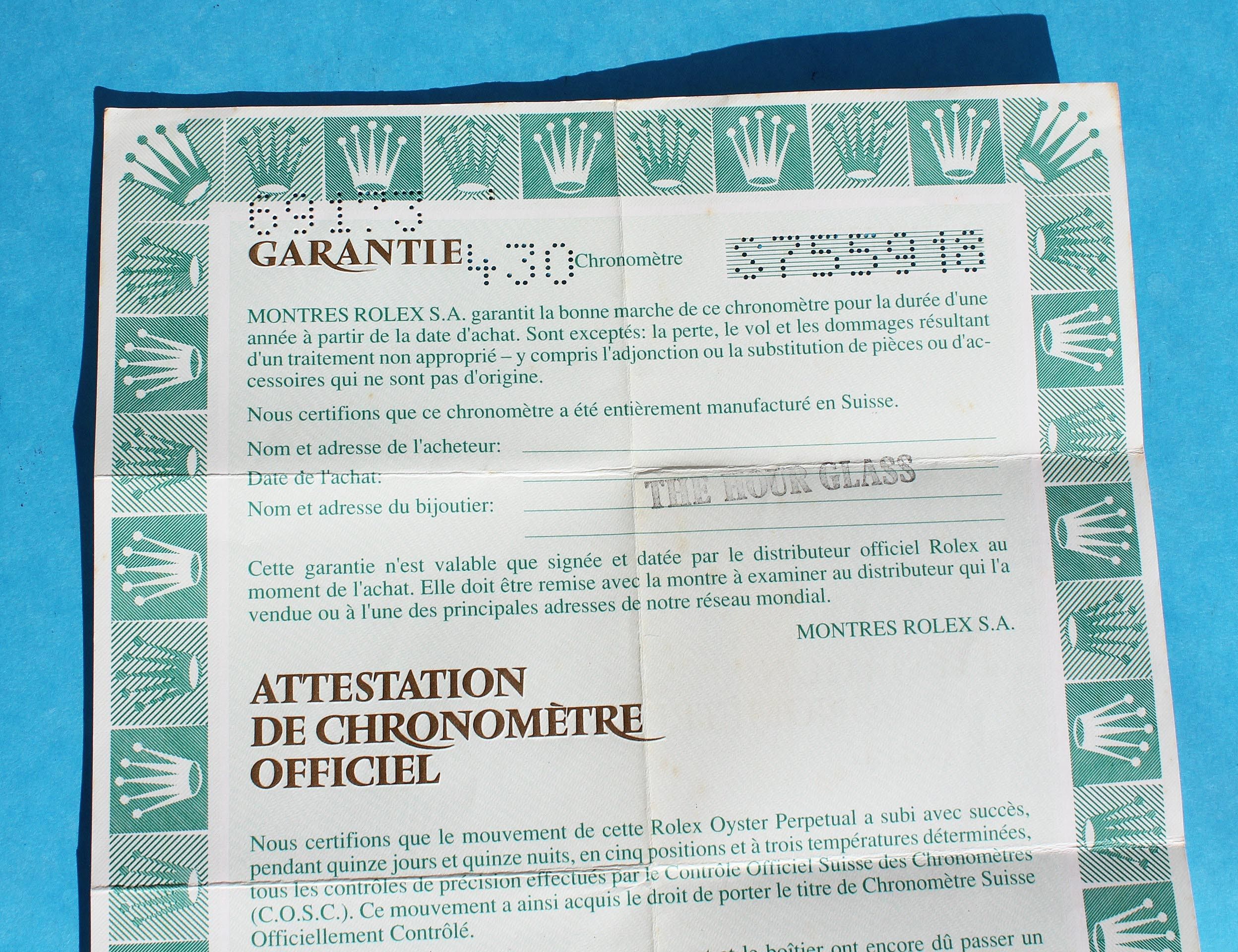 ROLEX VINTAGE & RARE 1994 GARANTIE PAPIER 430 MONTRES ROLEX 69173, Ref ...