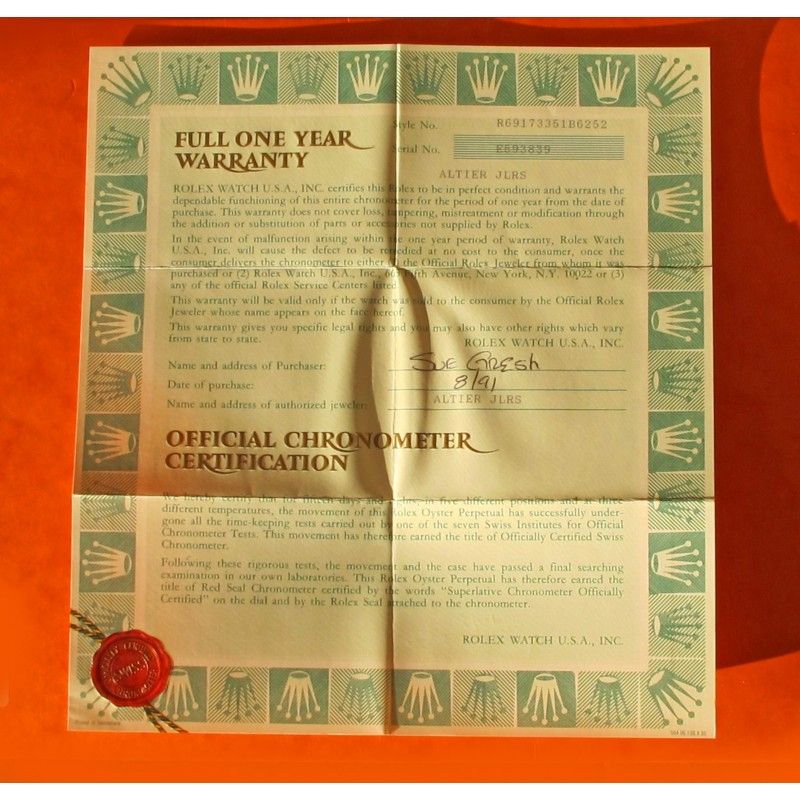 rolex warranty paper collectible guarantee certificate vintages watches ...
