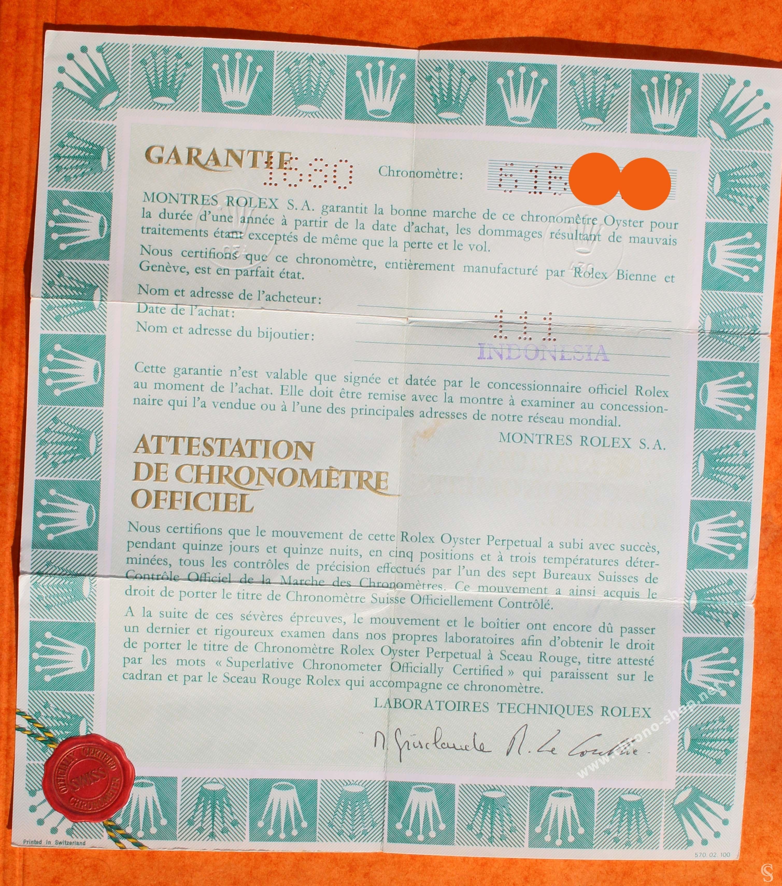ROLEX GARANTIE 1979 PAPIER TOUS MODÈLES MONTRES VINTAGES ROLEX OYSTER ...