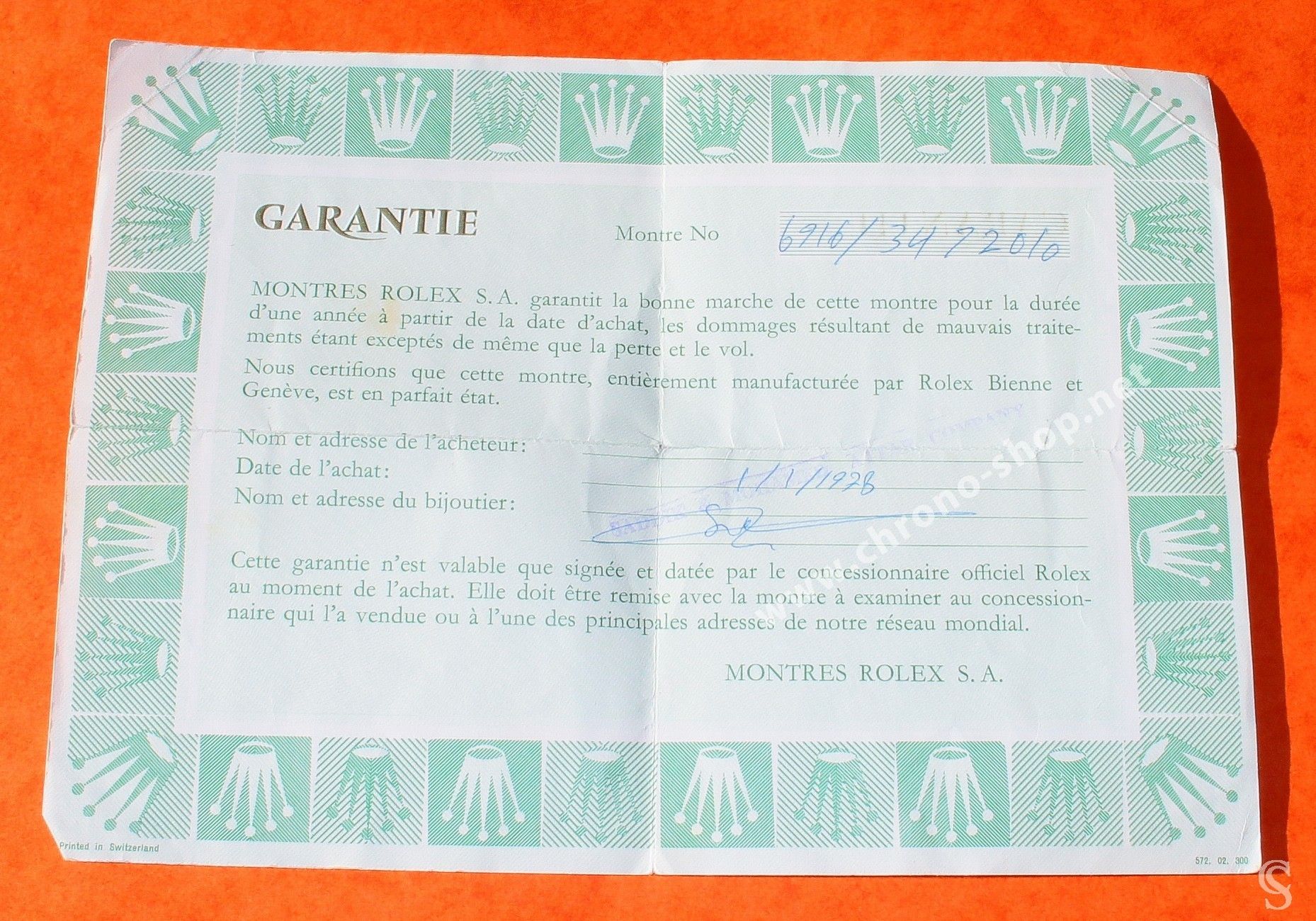 ROLEX RARE ORIGINALE GARANTIE PAPIER 1978 DE MONTRES ROLEX OYSTER ...